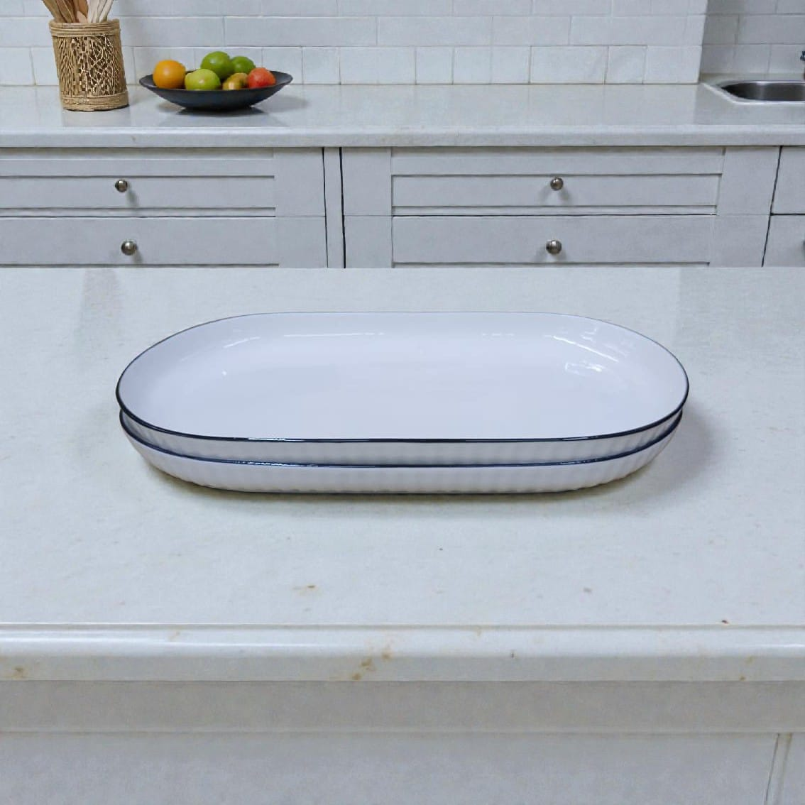 12-Inch Fish Plate JS-75 White Black Rim Kenya | Hii Style by Shiquo
