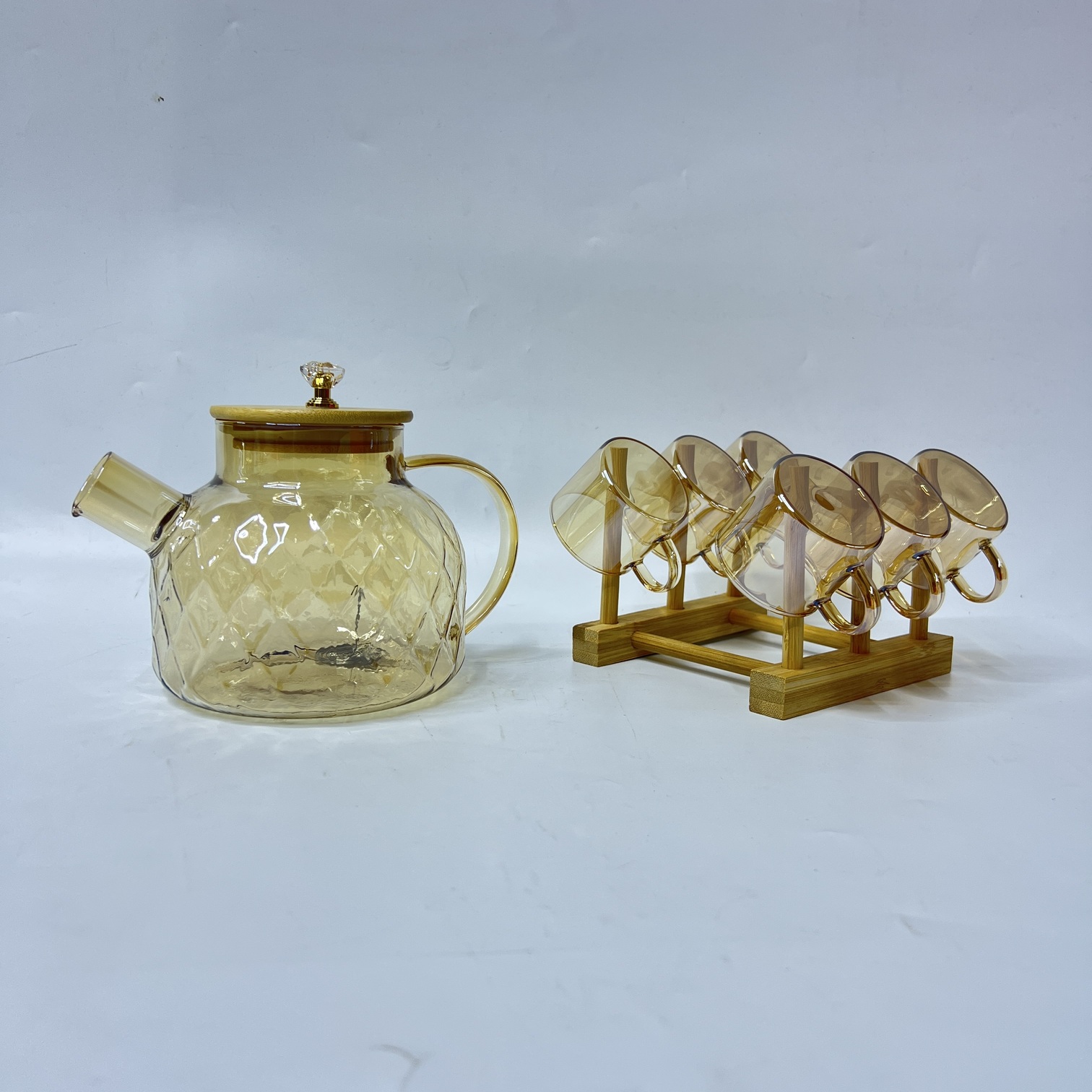 7-Piece Diamond Pattern Tea Set Q1028-7H | Amber Glass Kettle & Bamboo ...